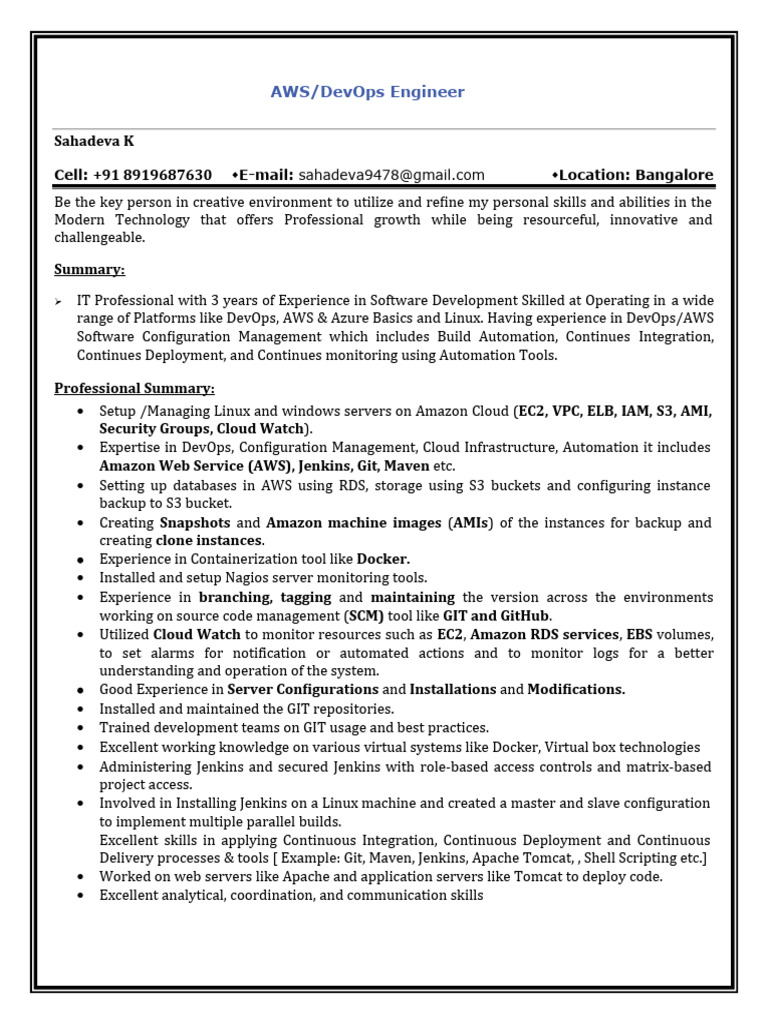 DevOps Resume Sahadeva | Download Free PDF | Amazon Web Services | Cloud Computing