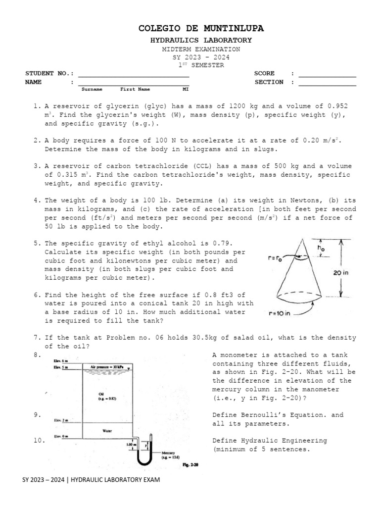 Midterm Exam - Hydraulics | PDF | Weight | Mass