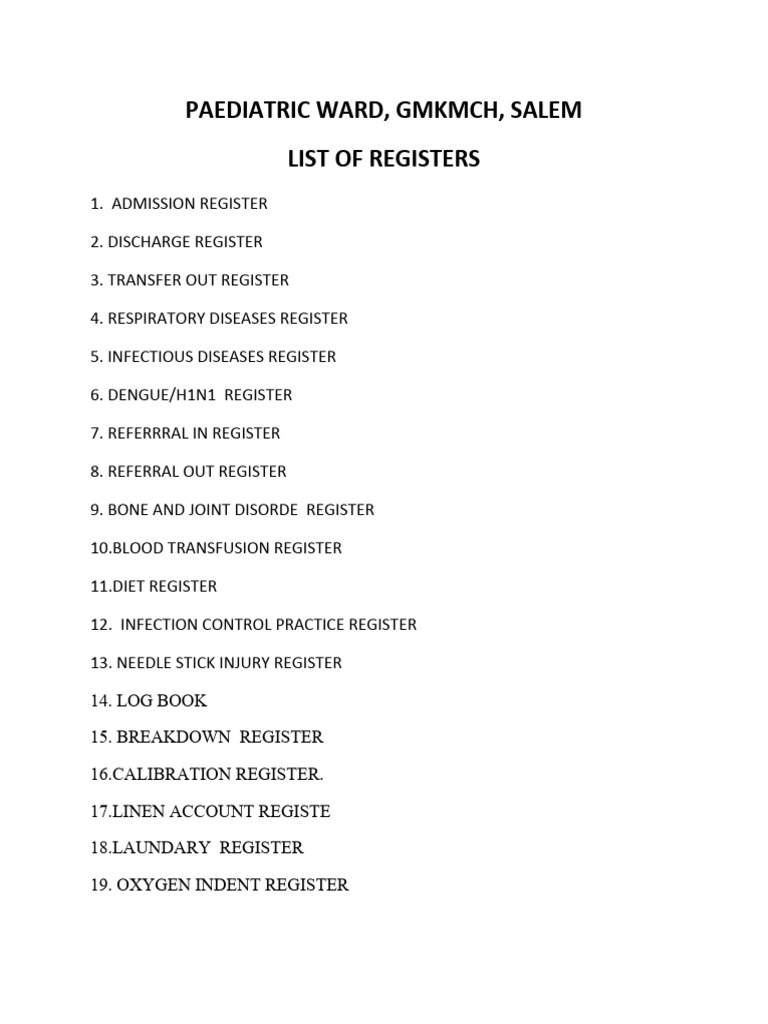 Paediatric Ward Registers | PDF