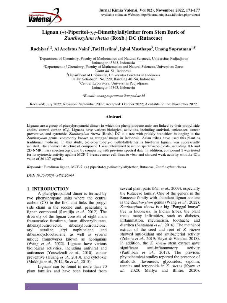 Lignan (+) -Piperitol-γ,γ-Dimethylallylether from Stem Bark of | PDF ...