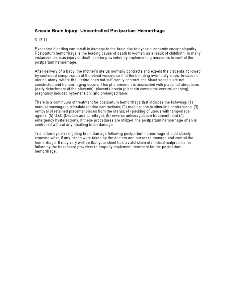 Anoxic Brain Injury: Uncontrolled Postpartum Hemorrhage | PDF