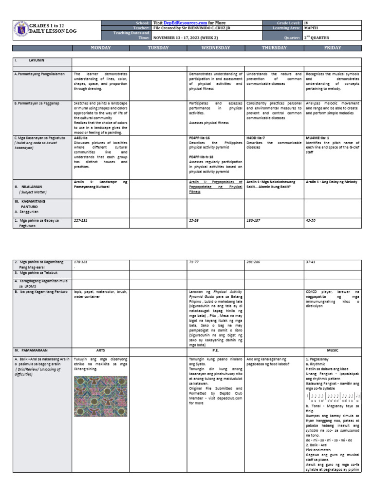 DLL - Mapeh 4 - Q2 - W2 | PDF