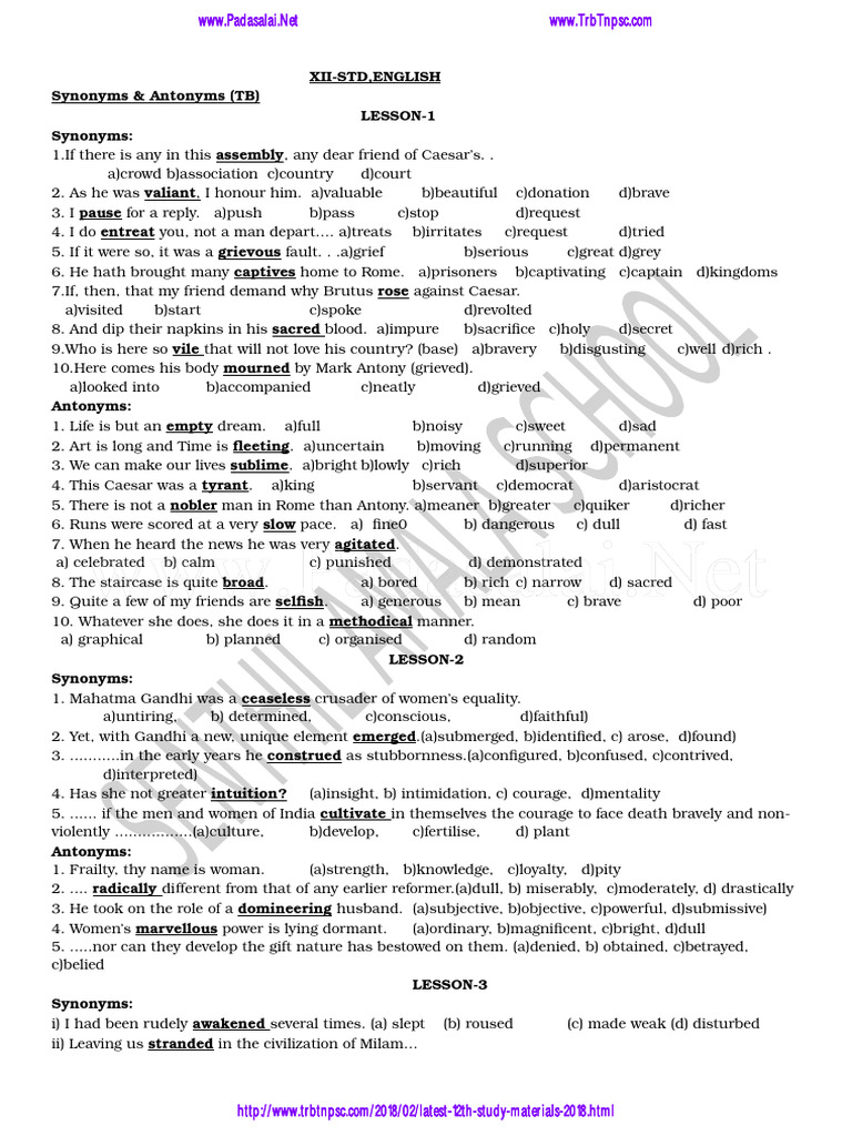 12th English Synonyms and Antonyms Guide | PDF