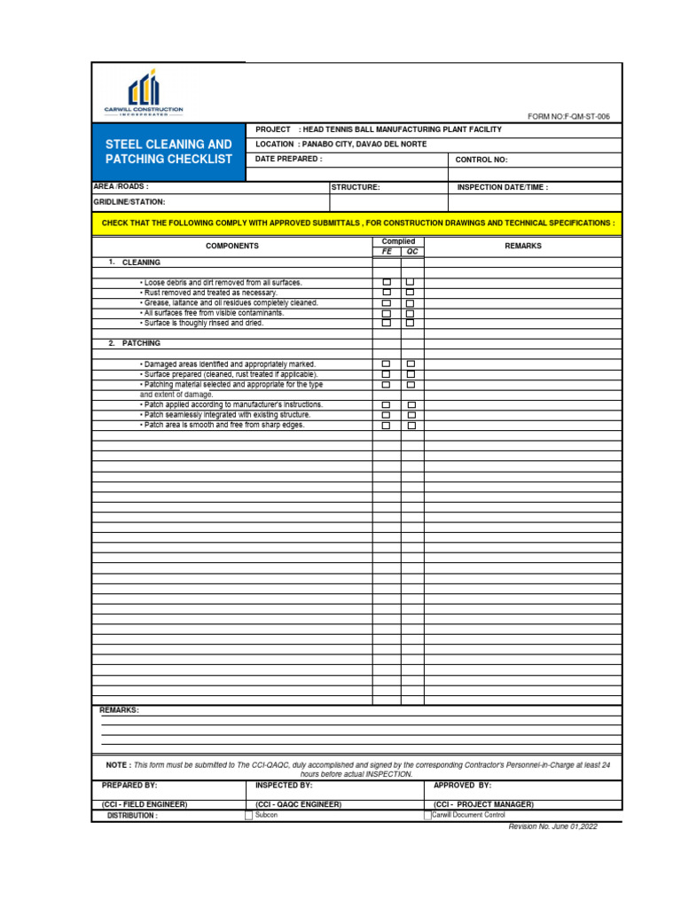 Steel Cleaning and Patching Checklist | PDF | Materials
