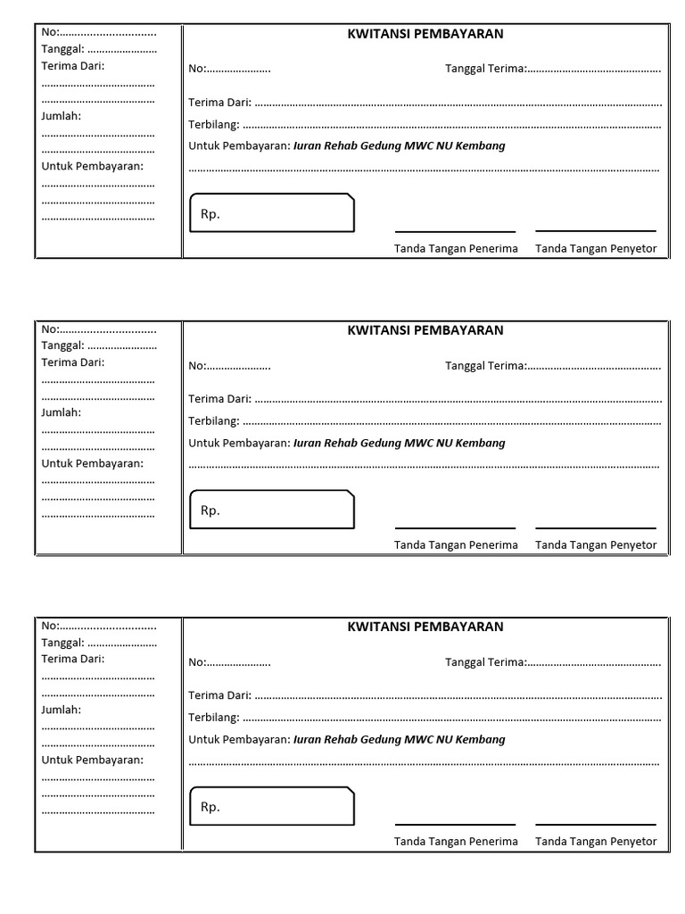 Contoh Format Kwitansi Pembayaran | PDF | Pengelolaan Keuangan & Uang ...