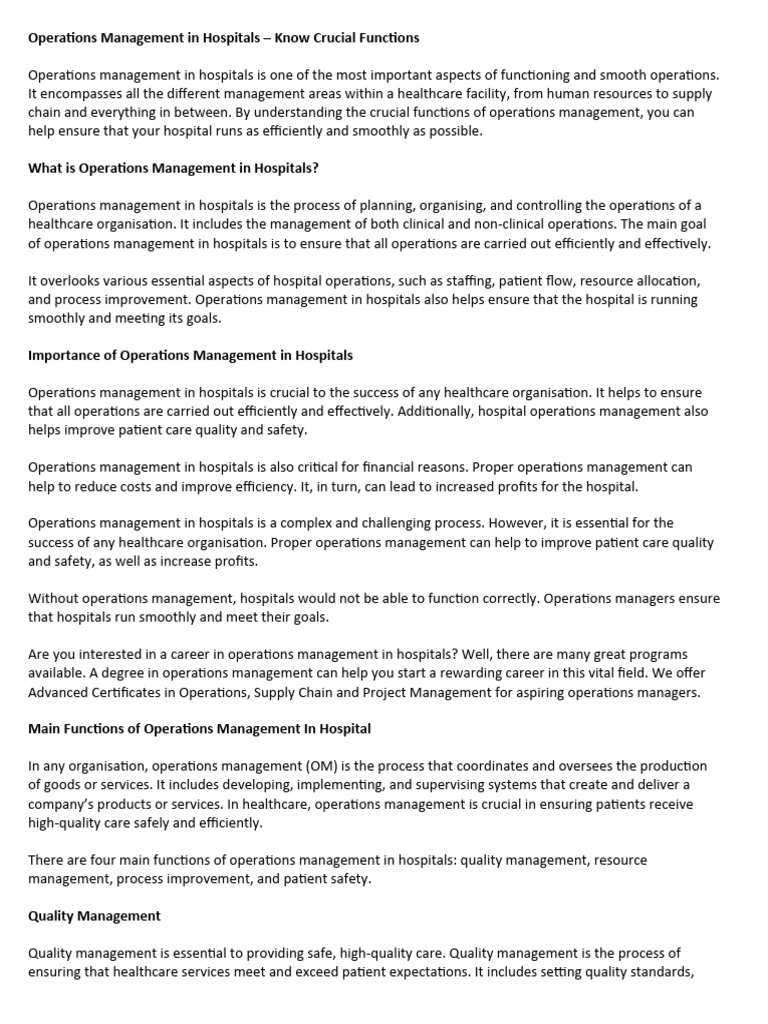 Hospital Operation Management | PDF | Health Administration | Hospital