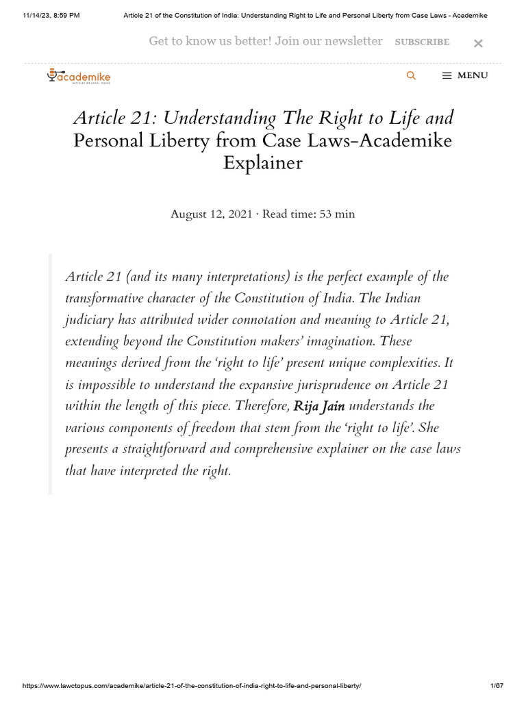 Article 21 of The Constitution of India - Understanding Right To Life ... Article 21 of The Constitution of India - Understanding Right To Life ...
