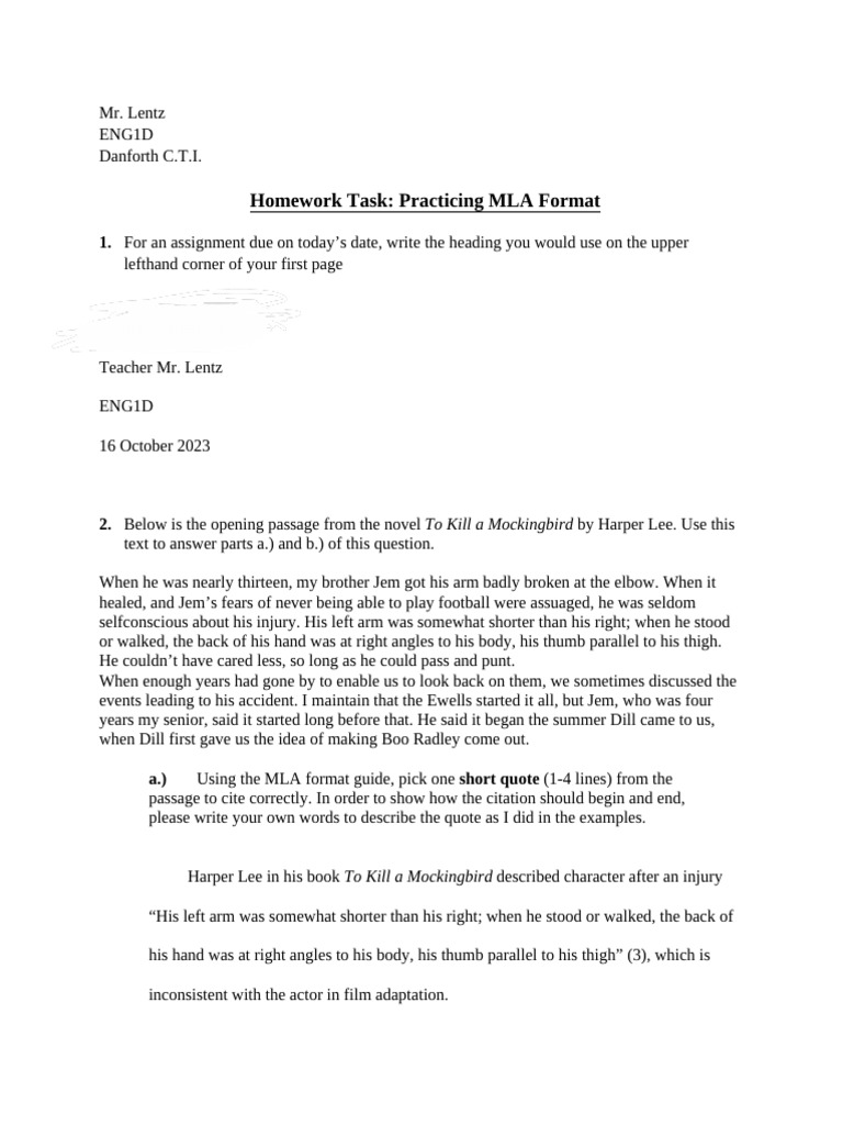 Homework Task Practising MLA Format | PDF | To Kill A Mockingbird ...