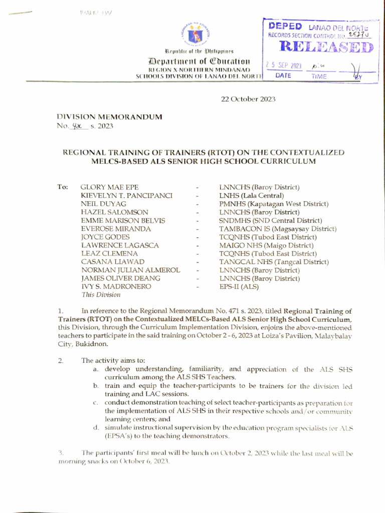 ALS SHS Curriculum Trainer Training | PDF