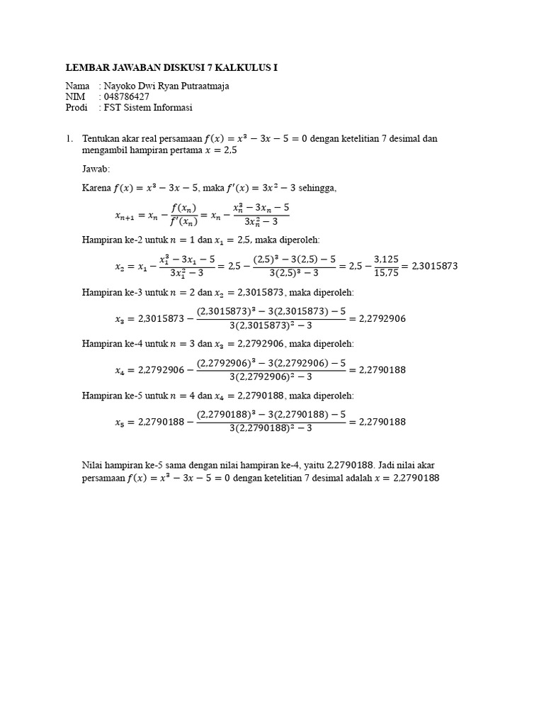 Lembar Jawaban Diskusi 7 Kalkulus I | PDF