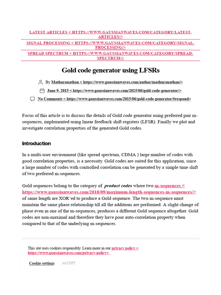 Gold Code Generator Using LFSRs - GaussianWaves | PDF | Algorithms | Applied Mathematics