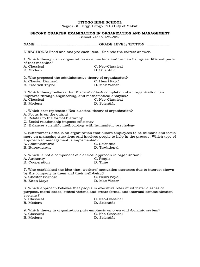 Second Quarter Examination in Organization and Management | PDF | Human ...