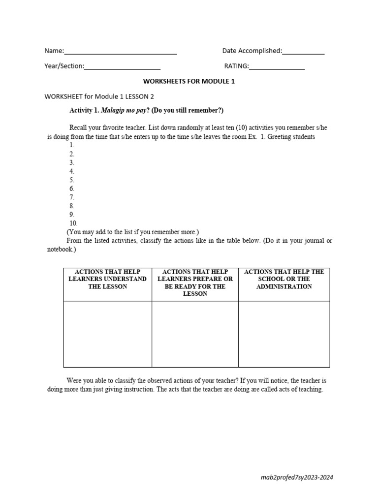 Activity Sheet For Module 1 | PDF | Teachers | Learning