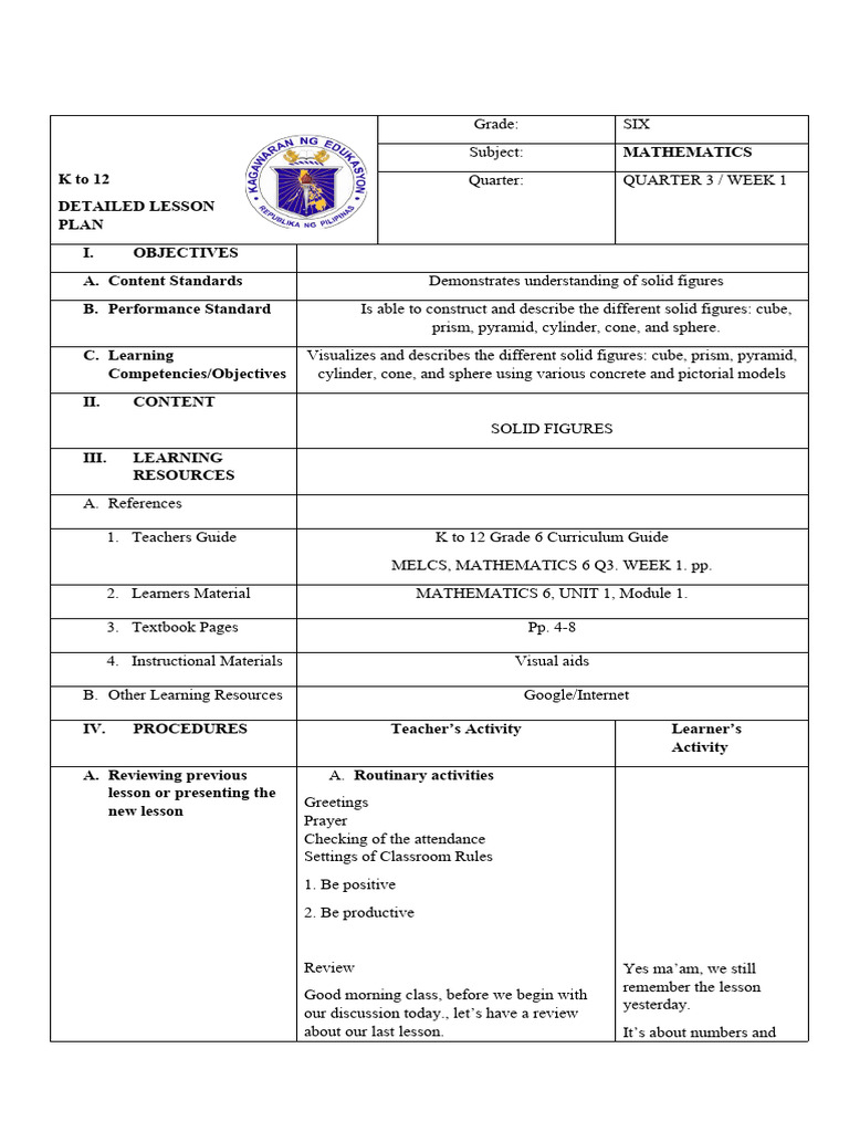 DLP IN MATHEMATICS 6 SOLID FIGURES Mima | PDF | Shape | Rectangle