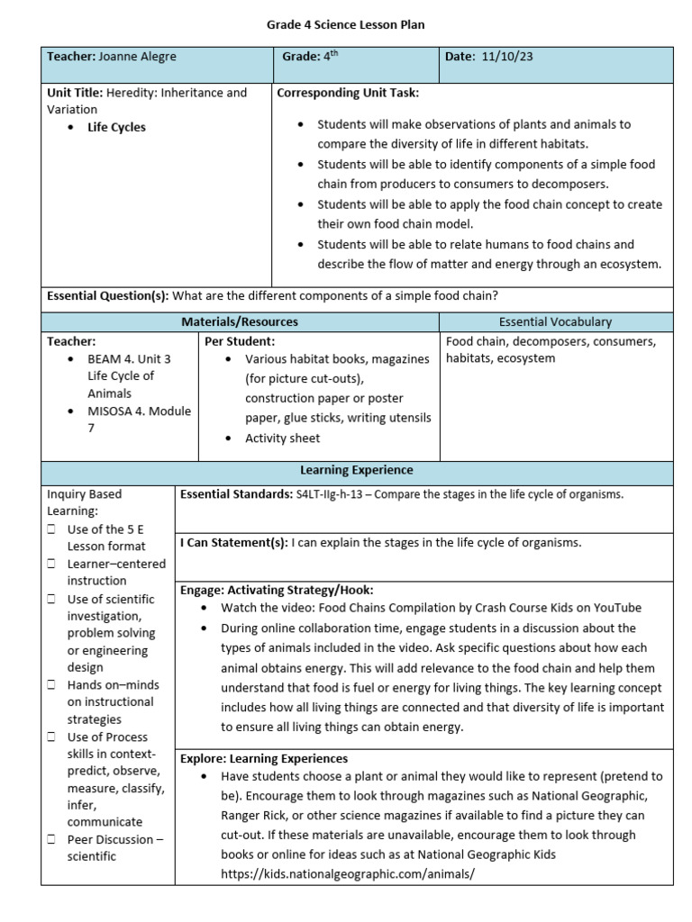 Grade 4 Heredity and Food Chains Lesson | PDF | Learning | Foods