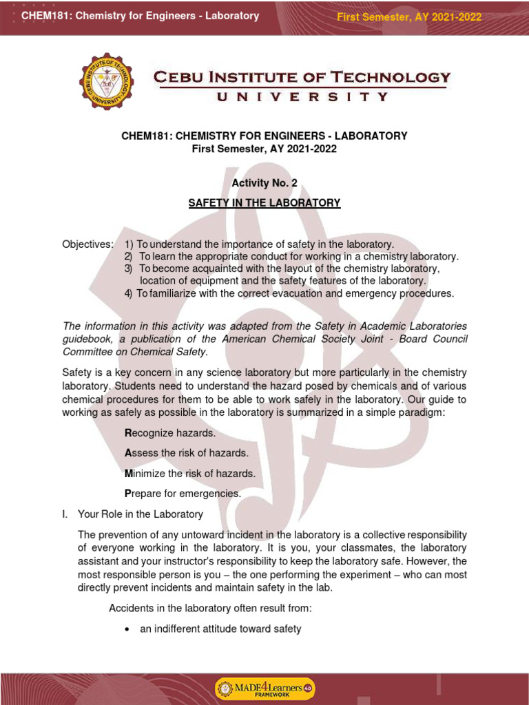 CHEM181.Activity2.Safety in The Lab | PDF | Toxicity | Laboratories