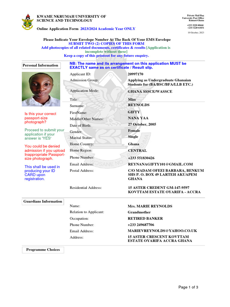 Knust Online Admissions Applicant Id 20997170 Pdf University And College Admission