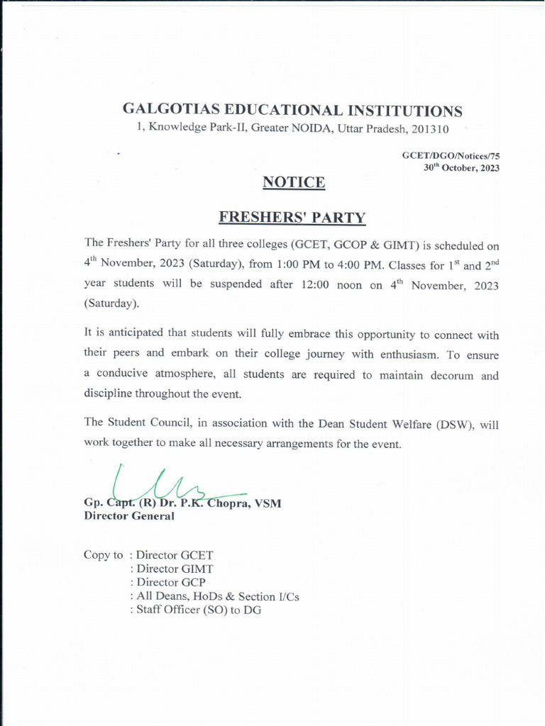 Fresher's Party Notice | PDF