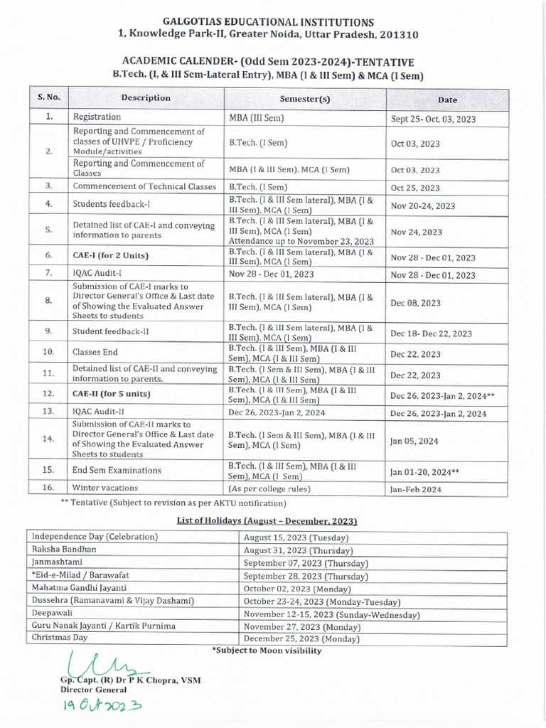 Academic Calender Odd Semester 2023-24 | PDF