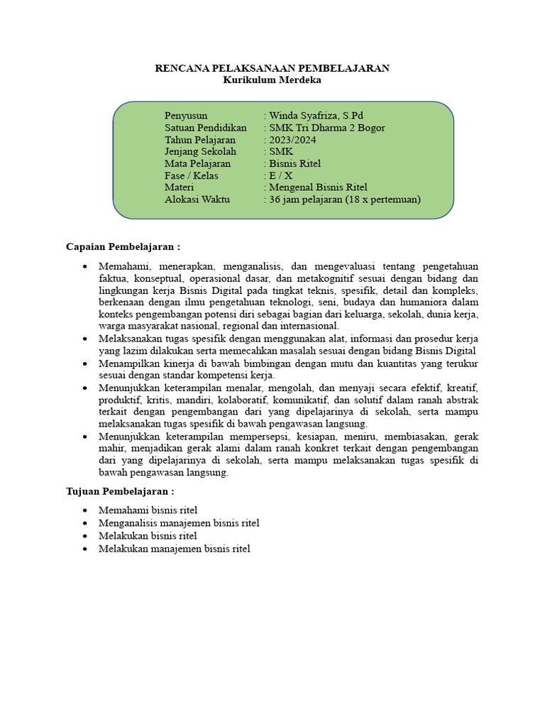 RPP Kurikulum Merdeka - Bisnis Ritel | PDF