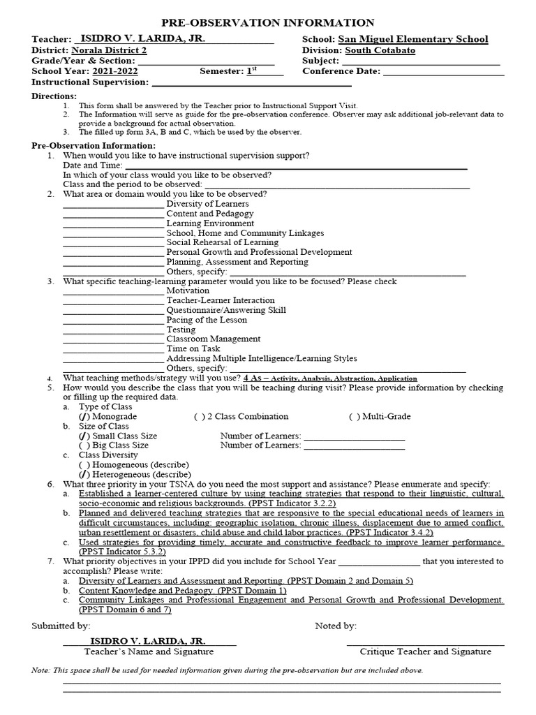Pre and Post Observation Conference Guide | PDF | Learning | Teachers
