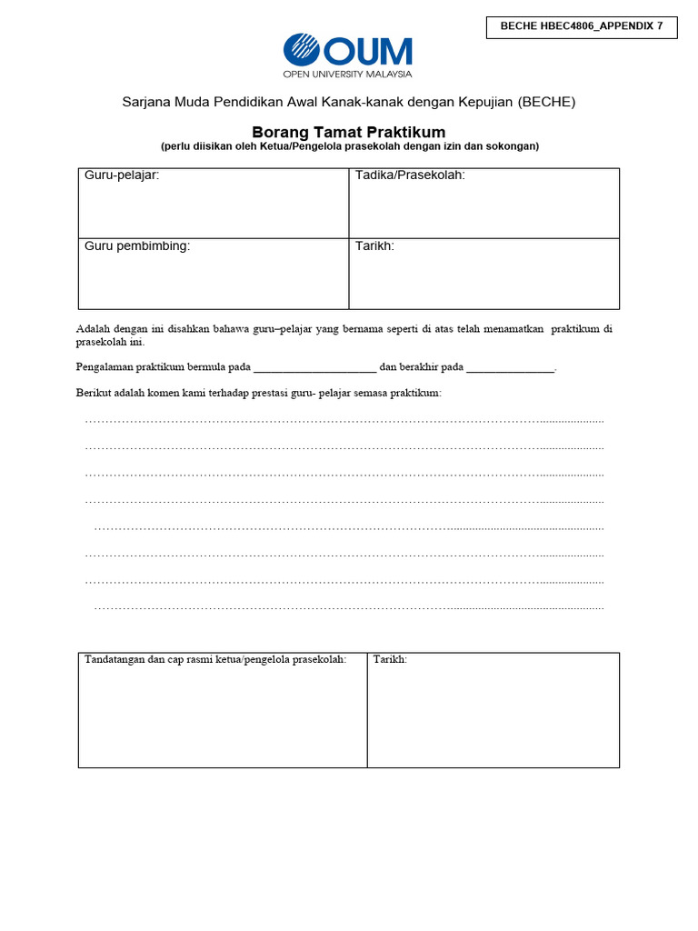 Appendix 7 Borang Tamat Praktikum | PDF