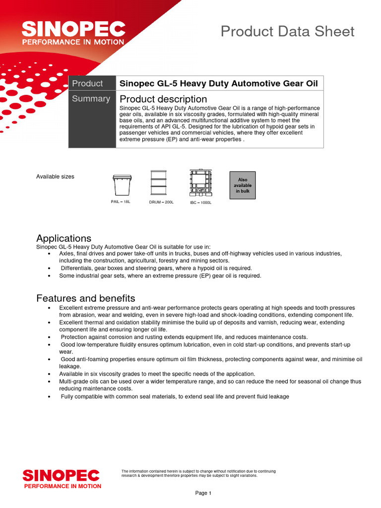 17 Sinopec Gl 5 Heavy Duty Automotive Gear Oil | PDF | Materials | Secondary Sector Of The Economy