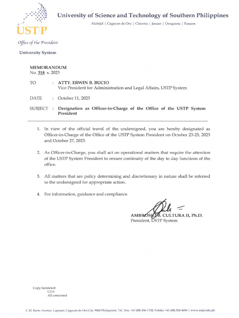 OP Memo No. 318 S. 2023 Re Designation As Officer in Charge of The ...