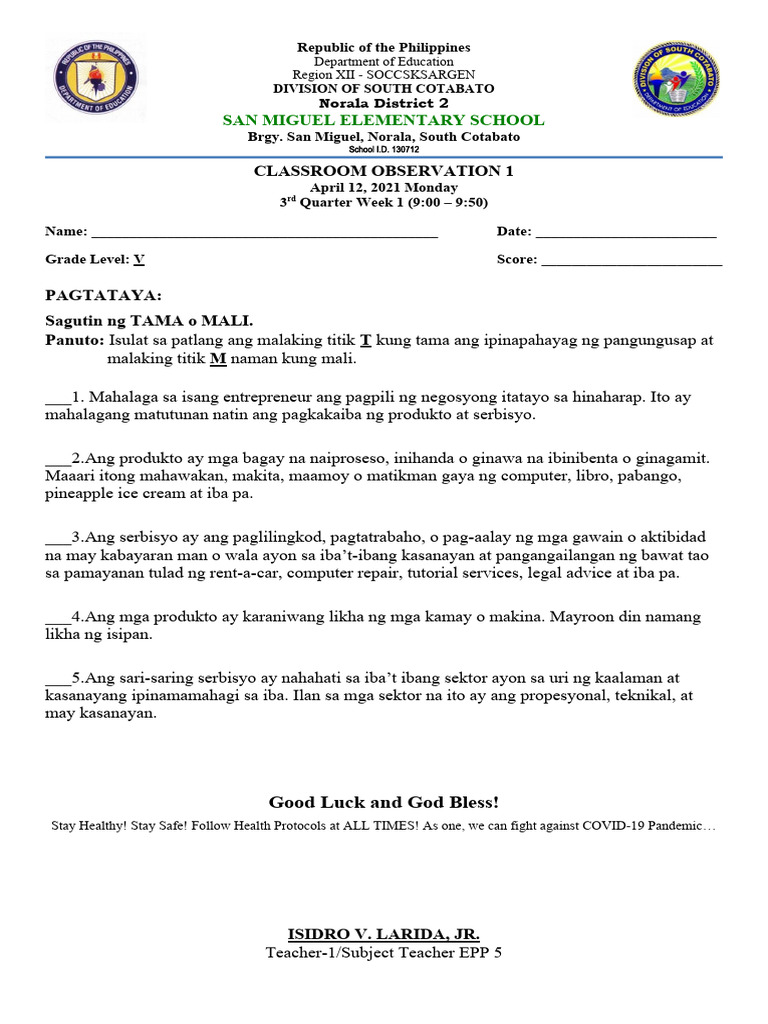 5.1 Cot 1-Evaluation-Epp V-Produkto-Serbisyo | PDF