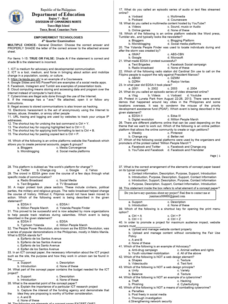 4th QUARTER EXAMINATION (Empowerment Technologies) | PDF | Educational Technology | Podcast