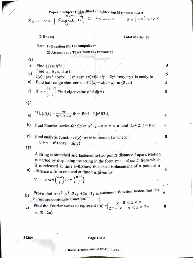 EM-III University Question Paper 2023 | PDF