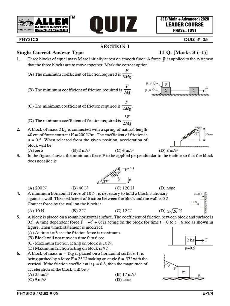 Physics Quiz on Friction and Forces | PDF | Force | Friction
