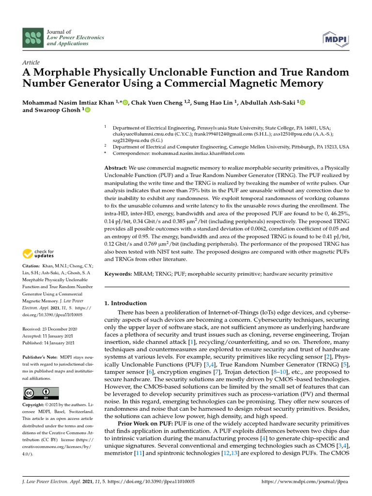 A Morphable Physically Unclonable Function and Tru | PDF | Electronics | Electricity
