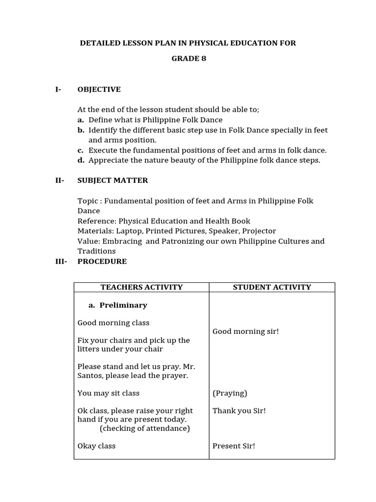 DETAILED_LESSON_PLAN_FOR_PHYSICAL_EDUCATION 8 | PDF | Dances | Foot