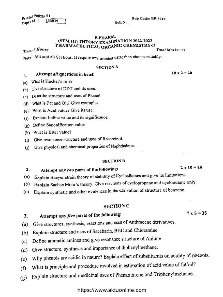 B.Pharm 3rd Sem Question Paper 2020-21 | PDF | Solubility | Benzene