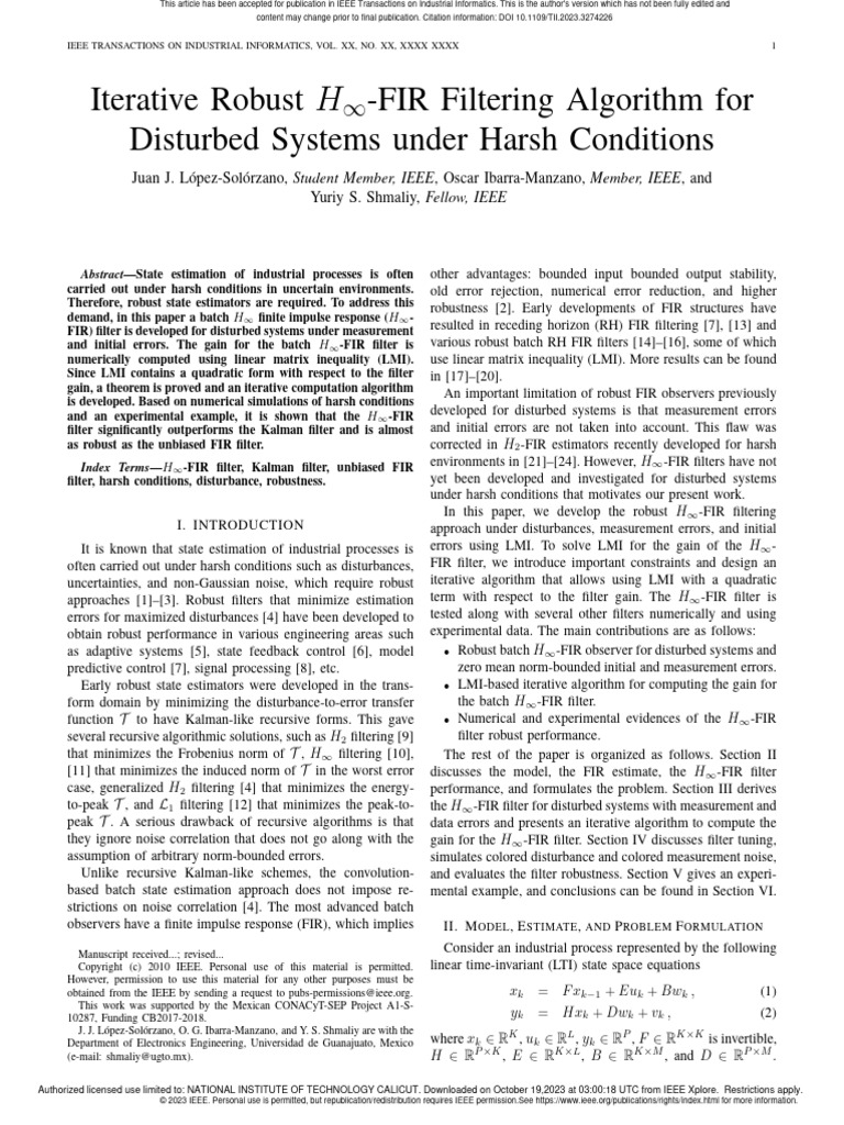 Iterative Robust H infty-FIR Filtering Algorithm For Disturbed Systems Under Harsh Conditions ...
