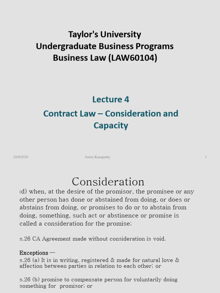 Lecture 4 Consideration and Capacity. | PDF | Consideration | Justice