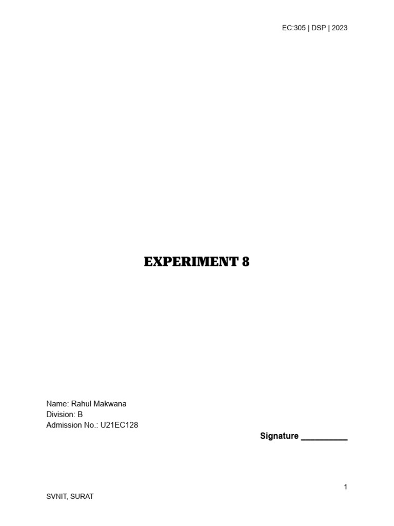 U21ec128 Dsp Experiment 8 Pdf Digital Signal Processing Filter Signal Processing 2252