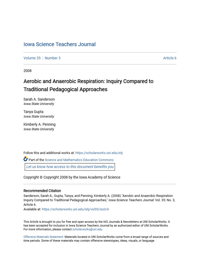 Aerobic and Anaerobic Respiration - Inquiry Compared To Traditiona ...