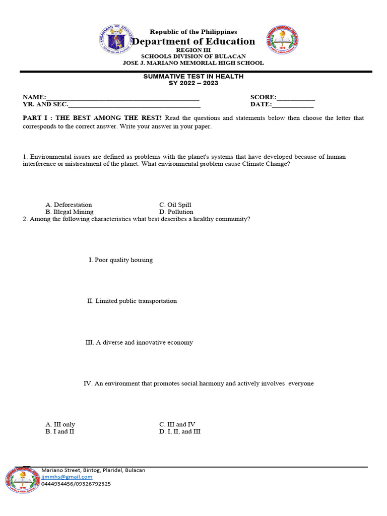 Health Summative Test for Students | PDF | Pollution | Water