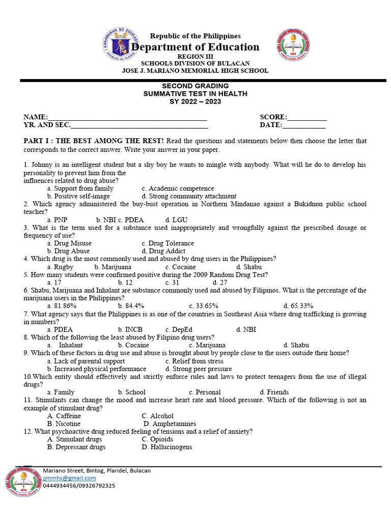 Summative Test in Health - Second Grading | PDF | Recreational Drug Use ...