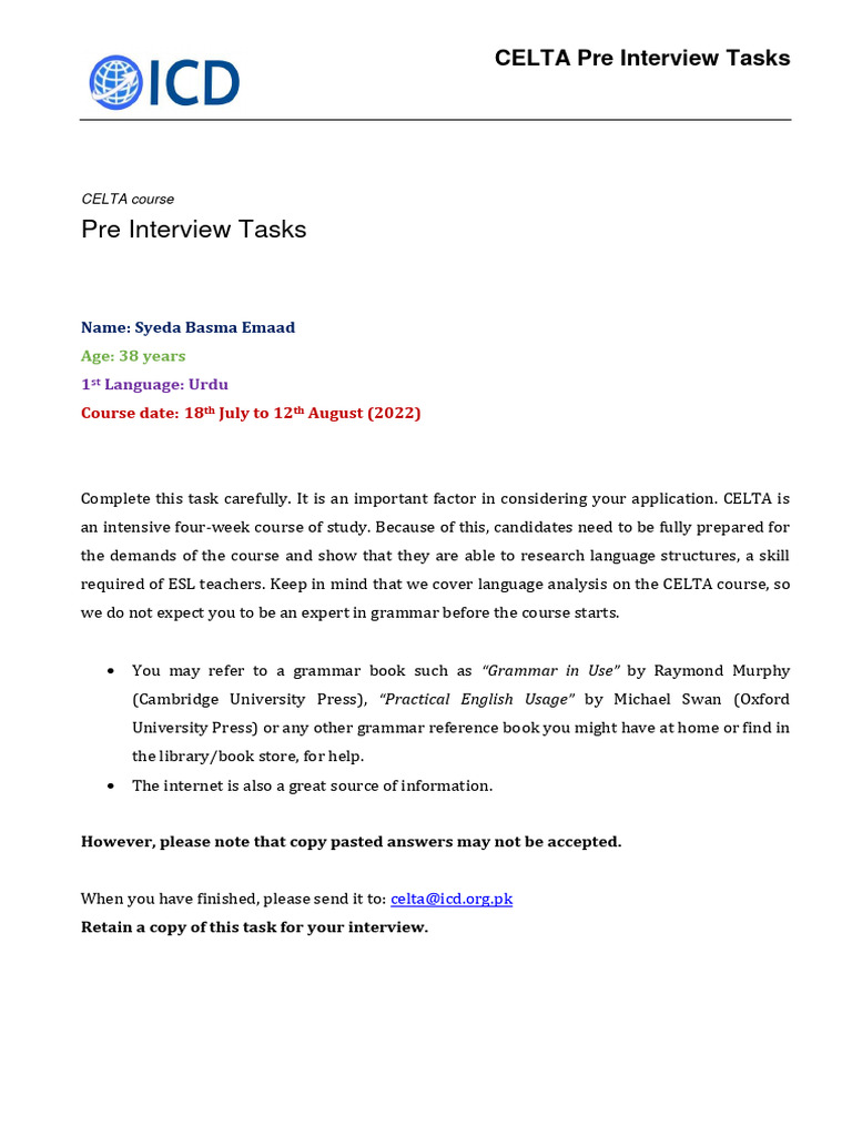 (Solved) CELTA Pre Interview Tasks | PDF | Verb | Grammar