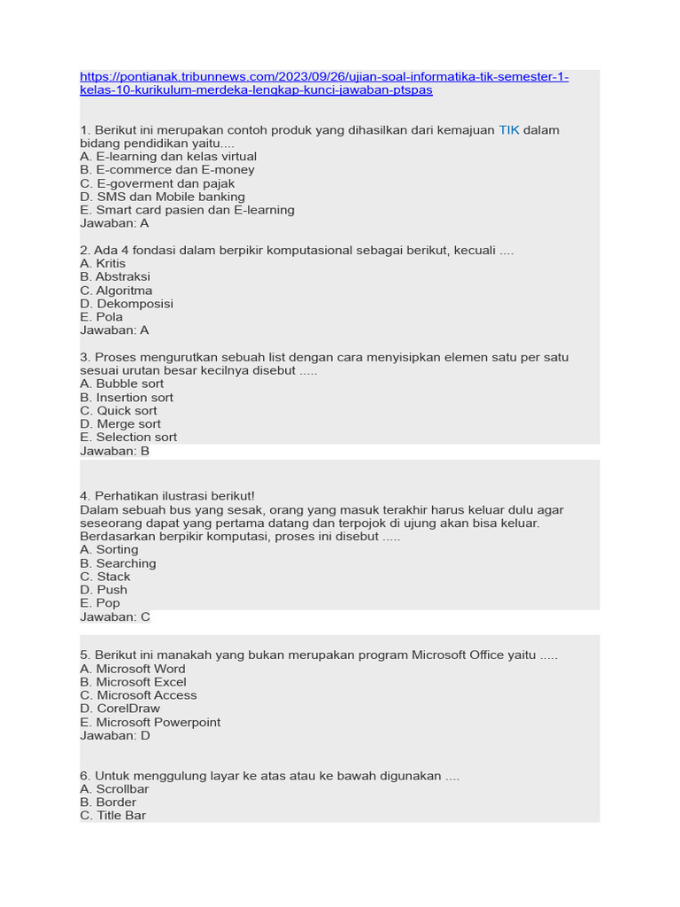 Bank Soal INFORMATIKA Kls X SMTR 1 Kumer | PDF