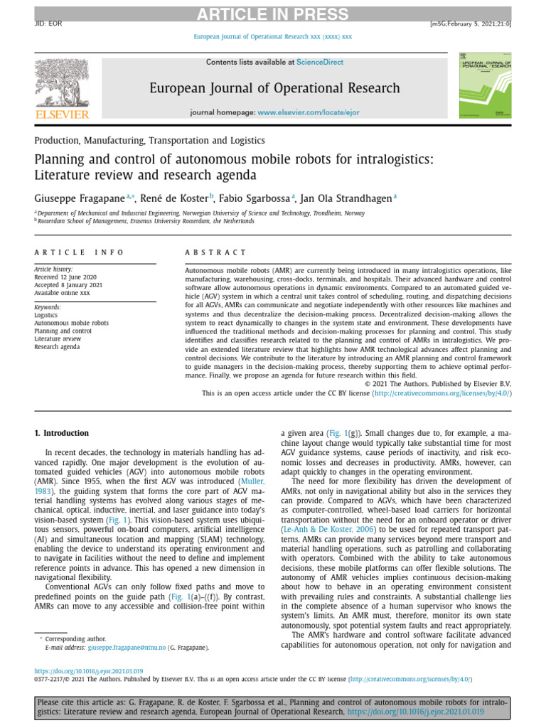 Planning and Control of Autonomous Mobile Robots For Intralogistics - Literature Review and ...