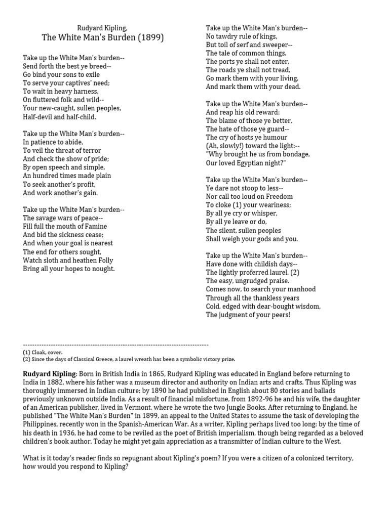 Kipling's "White Man's Burden" Analysis | PDF | Rudyard Kipling