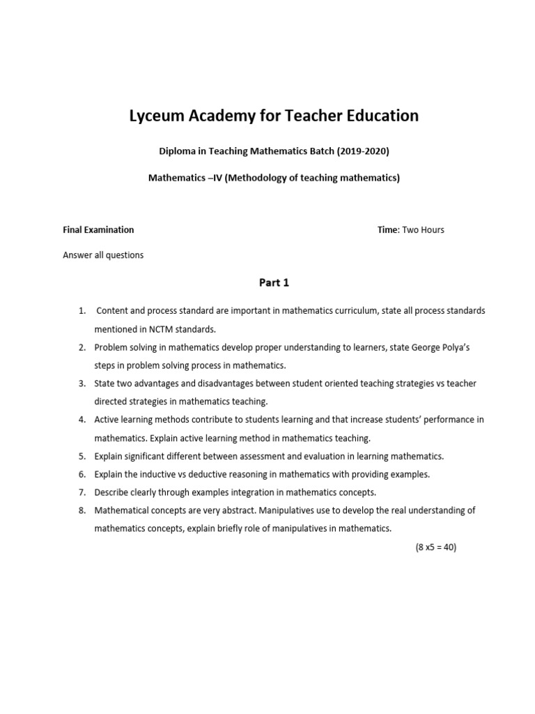 Maths 4 Final Exam (2019-2020) | PDF | Mathematics | Project Based Learning