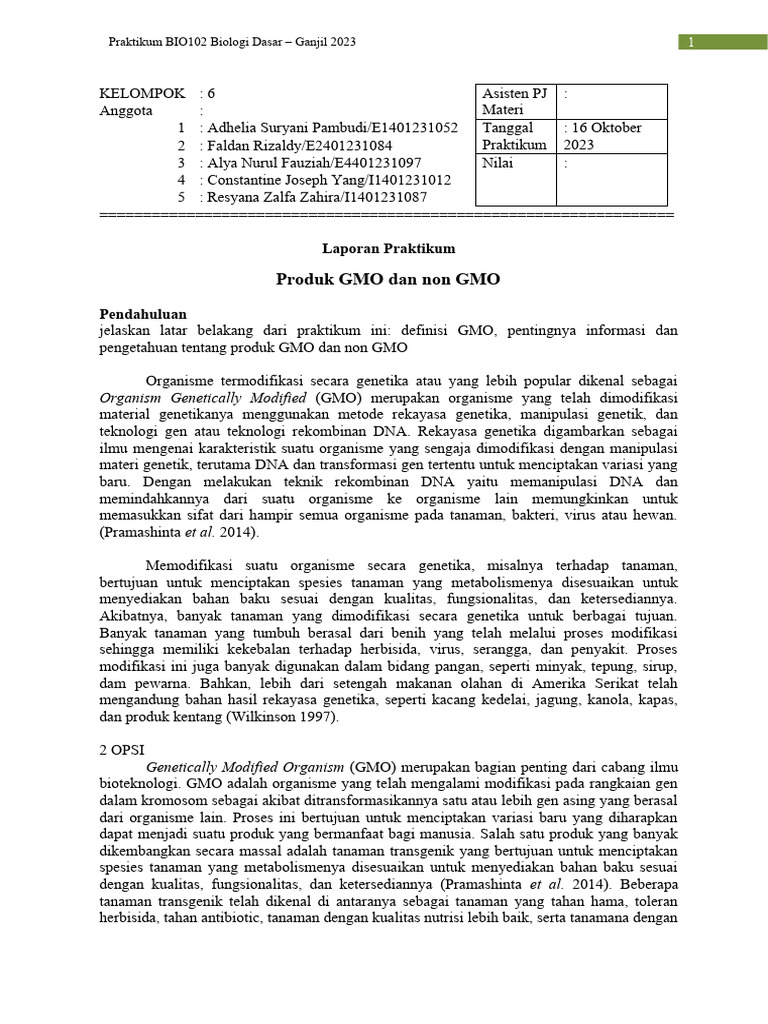BIO1102 - 2023 - Ganjil - 08a - LEMBAR KERJA - Produk GMO Dan Non GMO | PDF