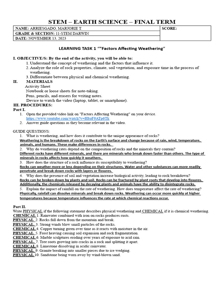 LearningTask1 FACTORS AFFECTING WEATHERING 2 | PDF | Weathering | Rock ...