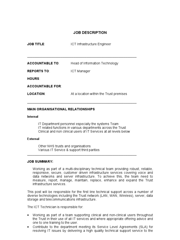 ICT Infrastructure Engineer Job Description | PDF