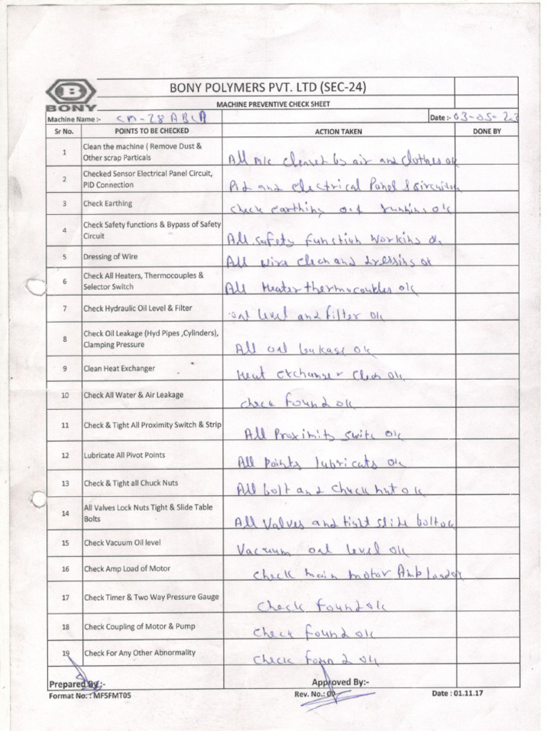 Machine Preventive Check Sheet | PDF